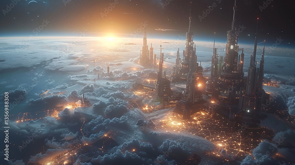 Futuristic weather control facility orbiting Earth trying to stabilize ...