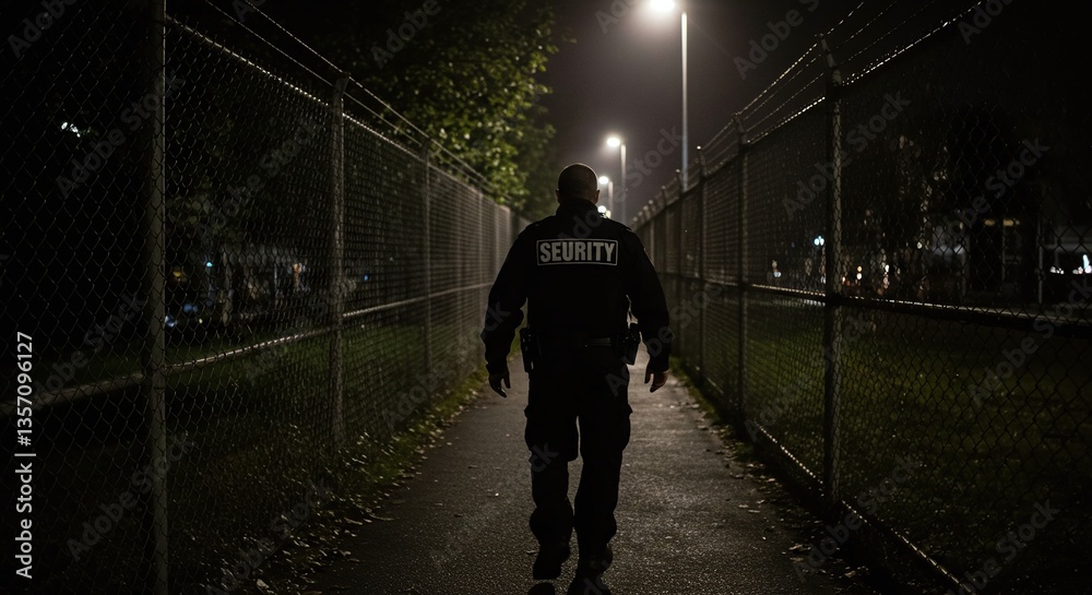 Guardian of the Night: A security guard patrols a darkened pathway ...