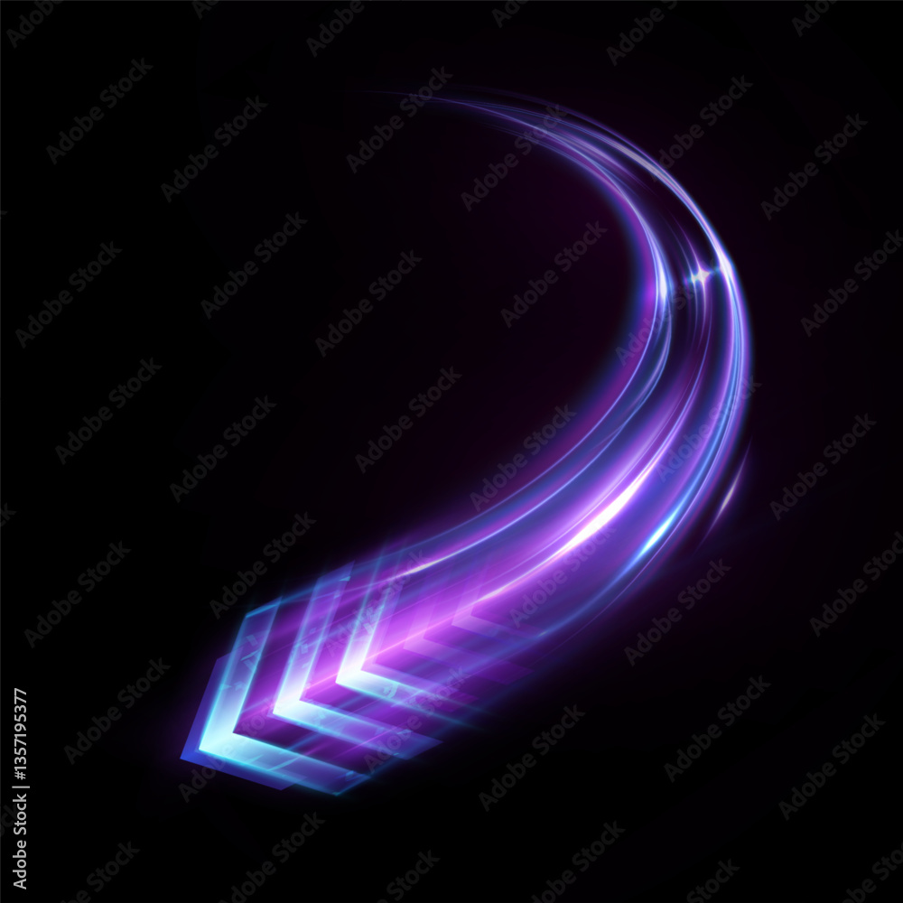 Bright appearance of neon light trace of arrow with movement of lines ...