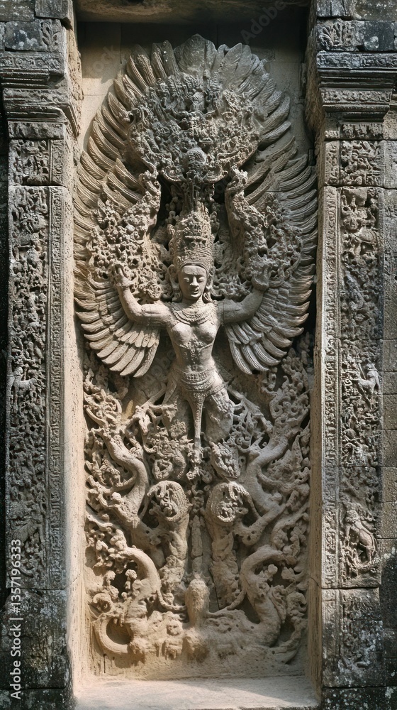 Elaborate carving depicting a winged deity figure in an ancient stone ...