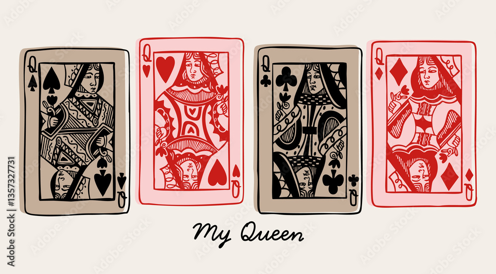 Vector de Stock Queens of diamonds, clubs, hearts, spades. Playing ...