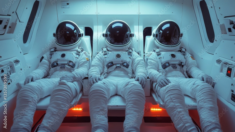 Three astronauts are seated in a futuristic spacecraft, equipped with advanced instruments and ...