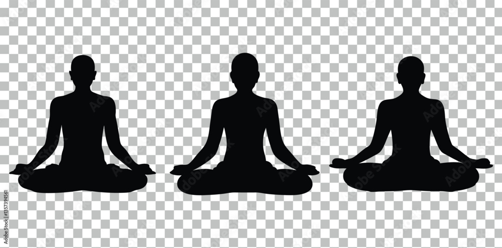 Silhouette, meditation pose, yoga, lotus position, multiple figures, zen, mindfulness, black and ...