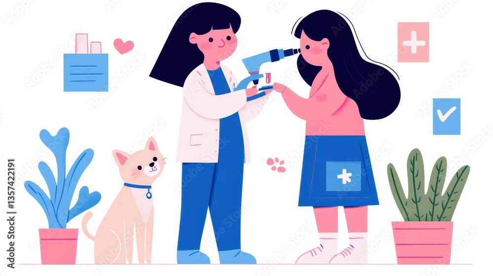 Veterinarian Examining Sample with Microscope Next to Dog and Plant ...