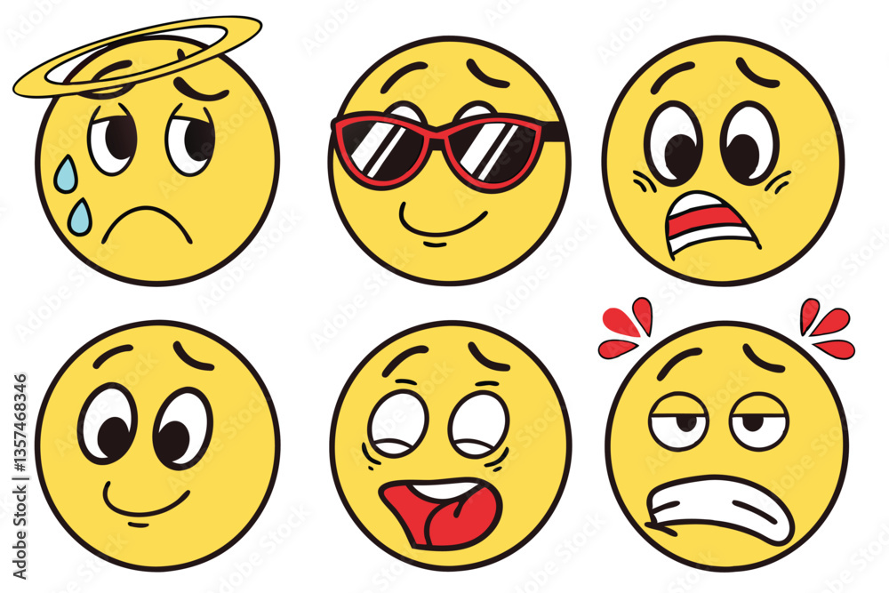 48 Colorful emoji set, expressive cartoon faces, vector illustration ...