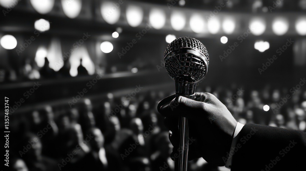 Hand holding microphone on stage in front of audience. Possible use ...