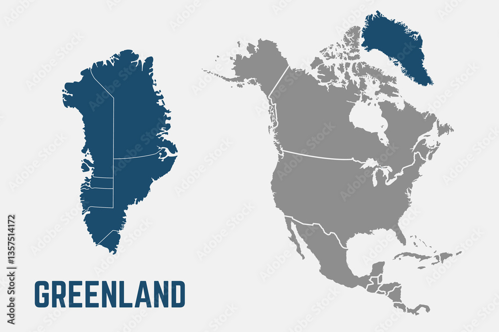 North America map. Greenland map with regions. North America map ...