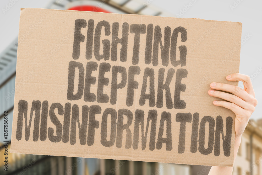 "Fighting Deepfake Misinformation" on worn cardboard. Highlights AI ...