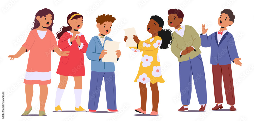 Cute talented preschool kids characters singing song in choir standing ...