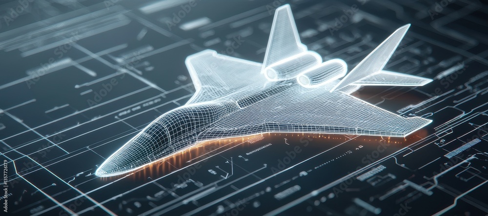 Engineering analysis in aerospace. Futuristic aircraft design overlaid ...
