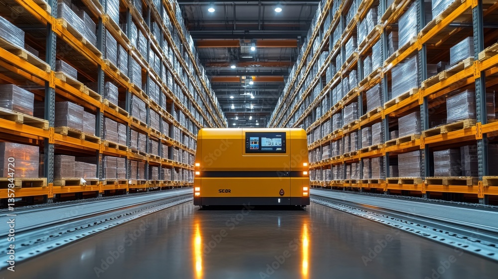 An automated guided vehicle moves along the track in a spacious ...