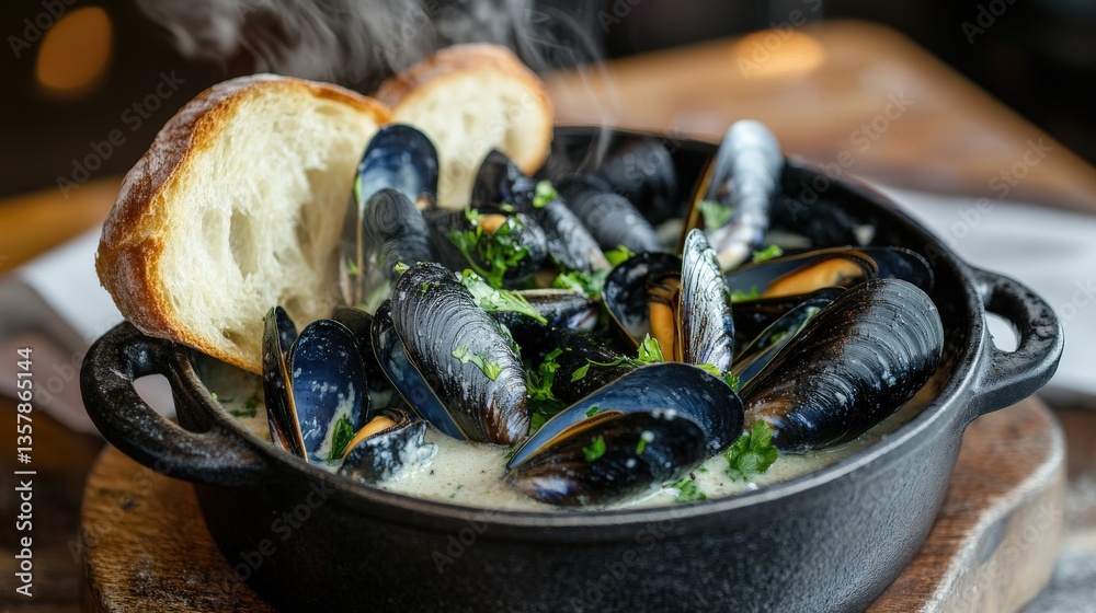 Steaming mussels with bread in a black cast iron pot の Stock イラスト ...