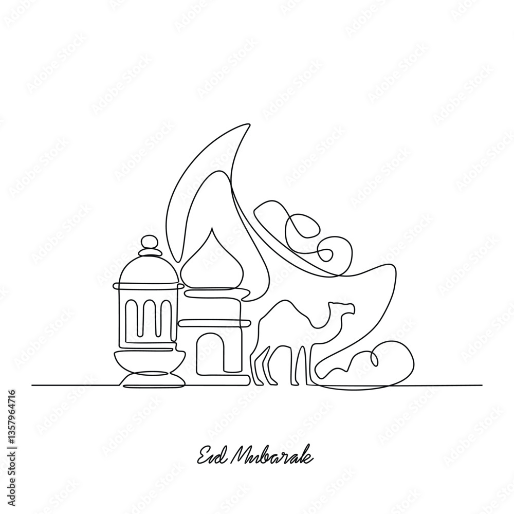 One continuous line drawing of Islamic Eid Mubarak celebration vector ...