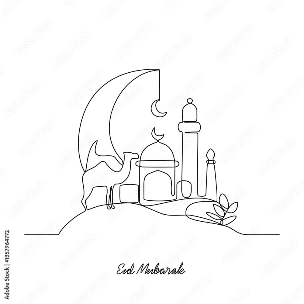 One continuous line drawing of Islamic Eid Mubarak celebration vector ...