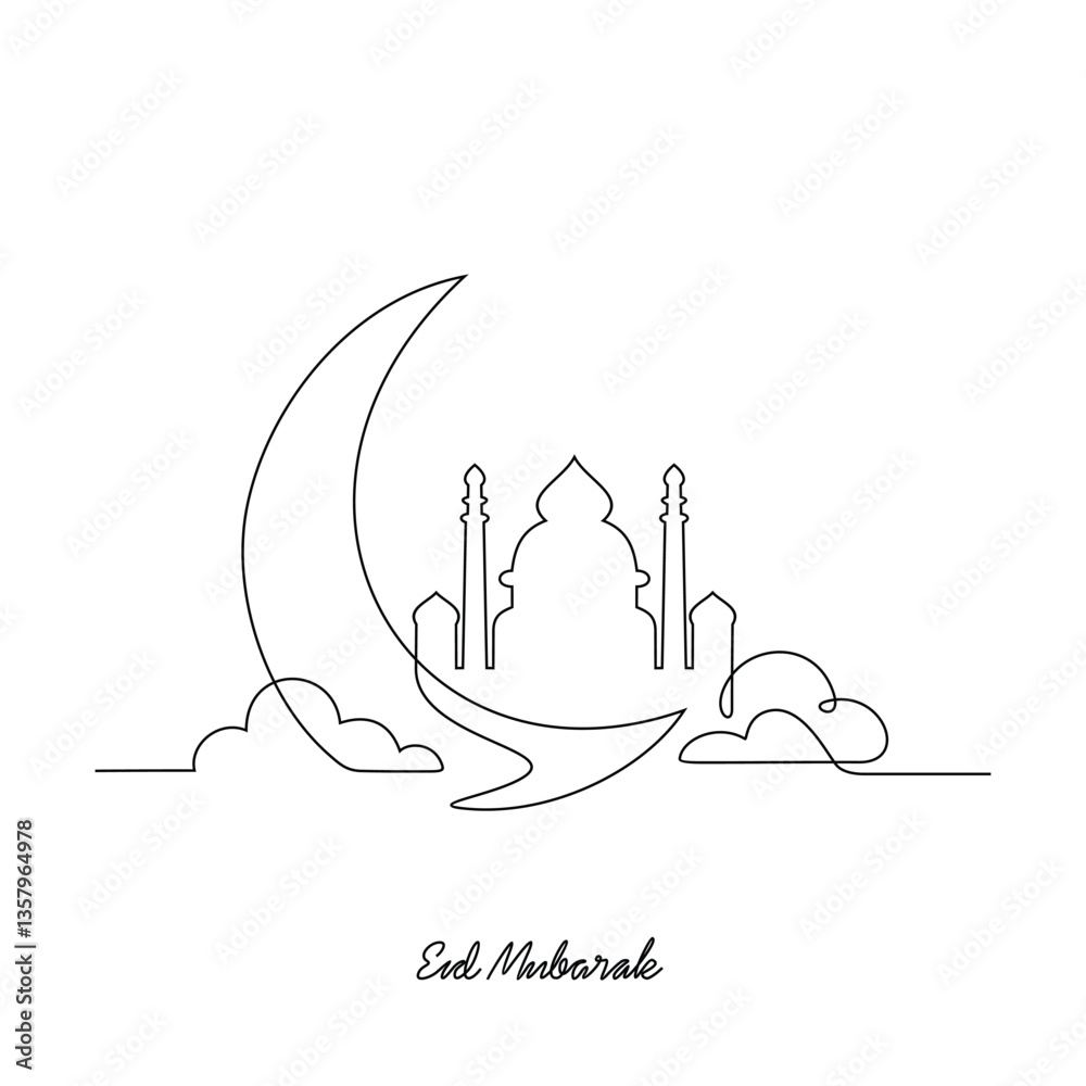 One continuous line drawing of Islamic Eid Mubarak celebration vector ...