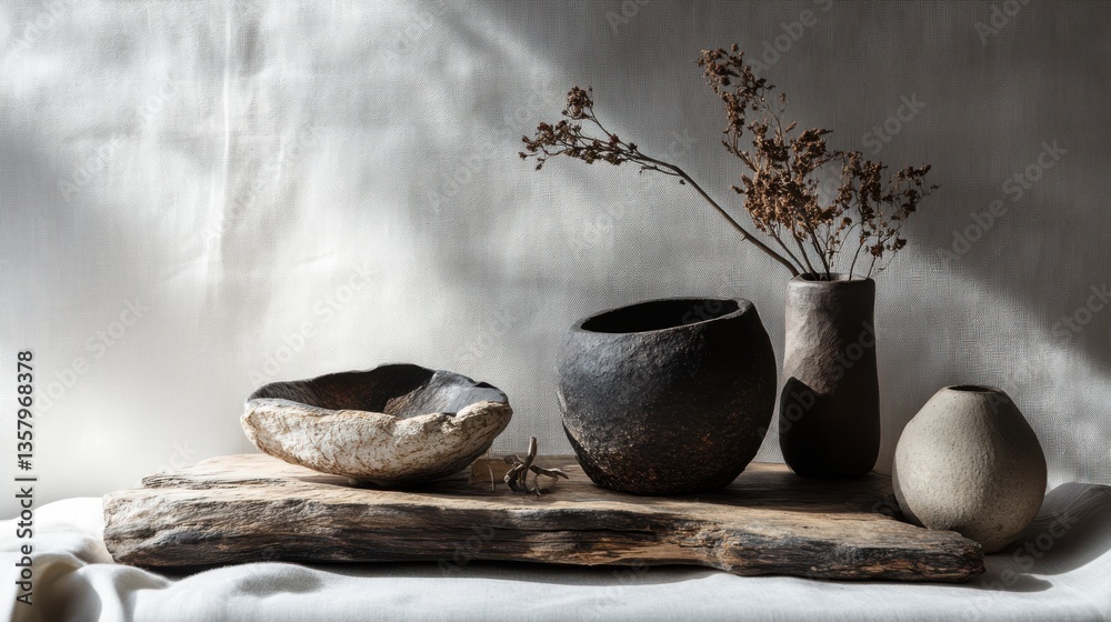 Still life of wabi-sabi inspired natural objects: rustic pottery ...