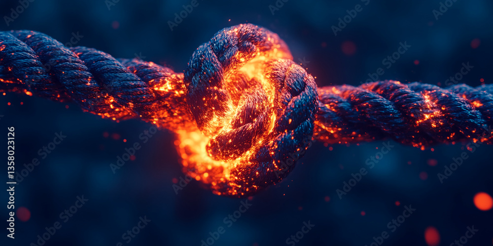 Burning rope knot close-up, showcasing intense orange and blue hues ...
