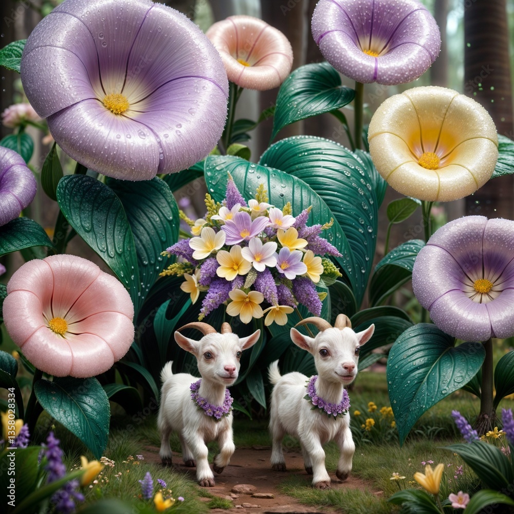 tiny white goats running under giant glowing flowers in an enchanted ...