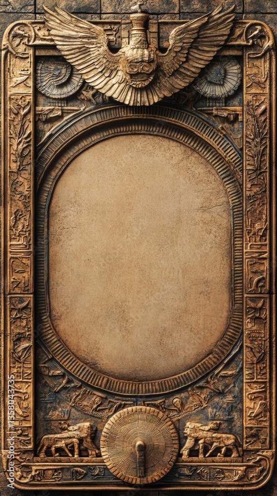 Stone carving frame displays an oval center, with wings and lion motifs ...