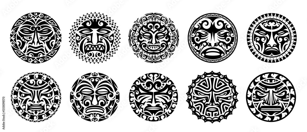 Maori warrior face tribal tattoo or ornate emblems. New Zealand tribal ...