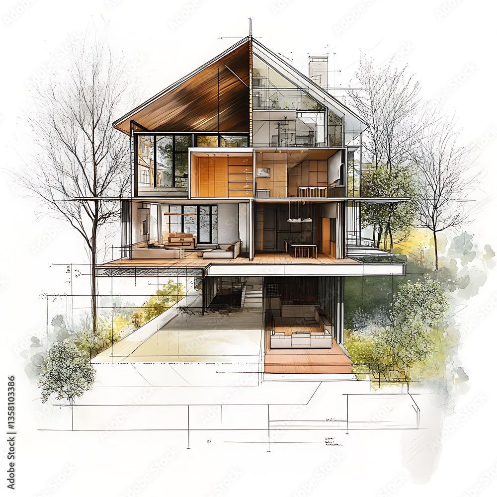 Detailed floor plan cross section showing interior and architectural ...