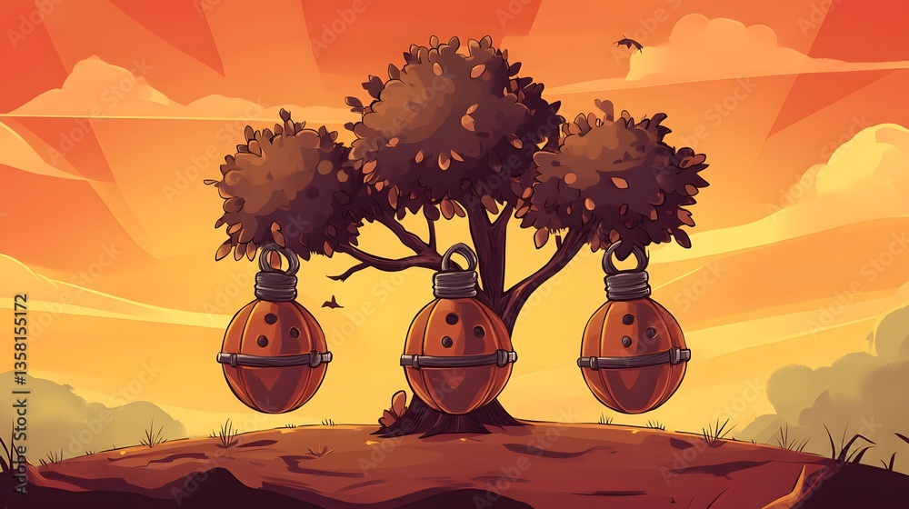 Three Grenades on Their Tree Cartoon Vector Illustration Stock ...