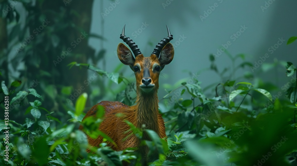 Rare and elusive saola standing cautiously in the misty jungles of ...