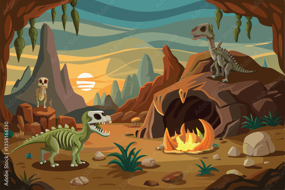 A dinosaur-themed underground setting features animated creatures ...