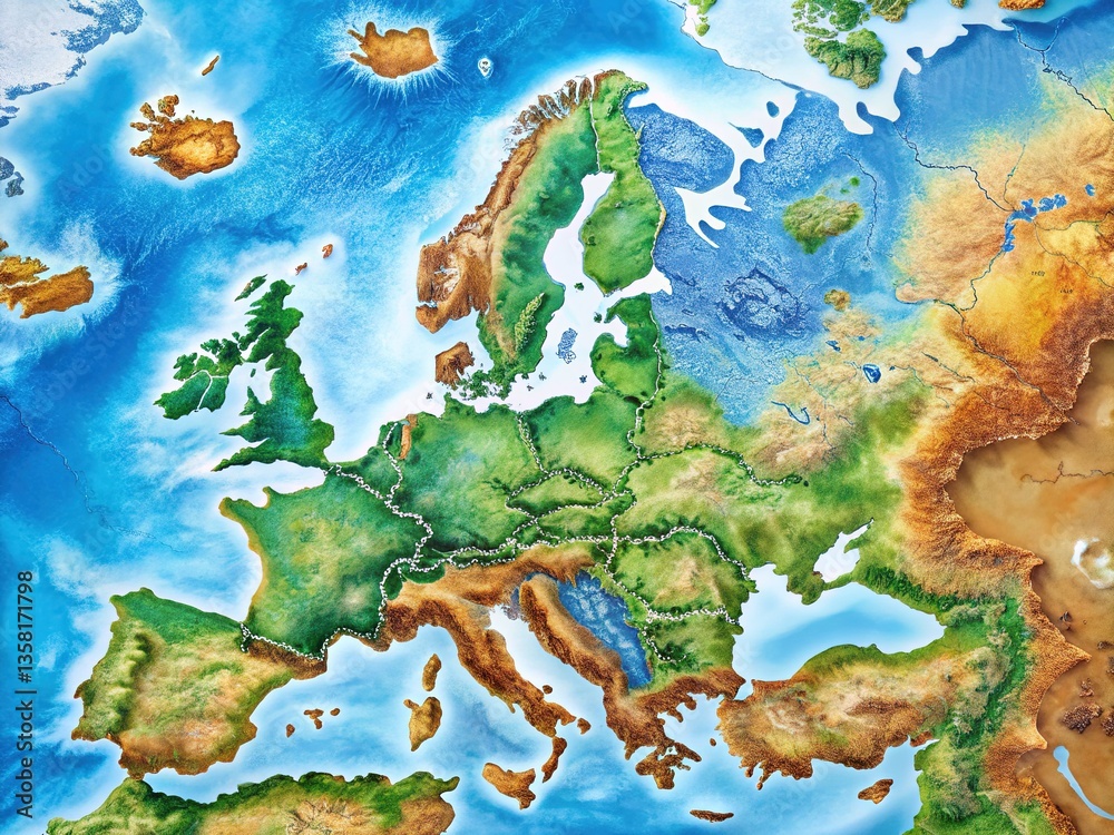 Continental Europe Map - Detailed Political/Physical Stock Illustration ...