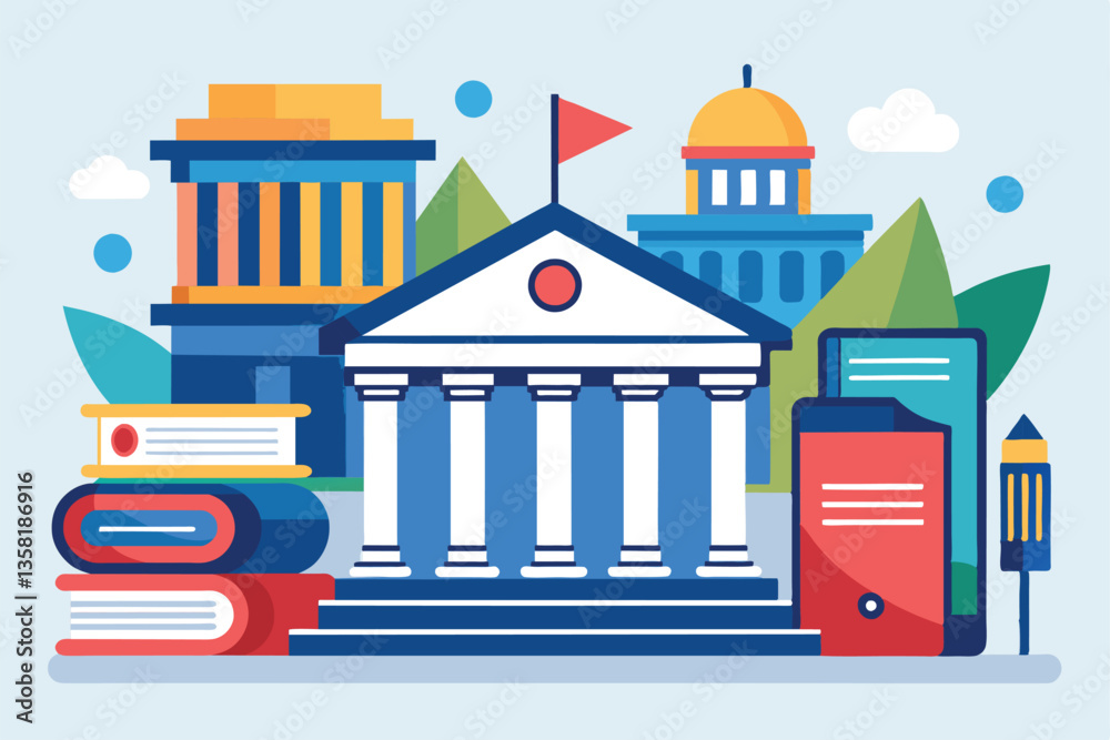 A colorful representation of a courthouse alongside legal books and a ...