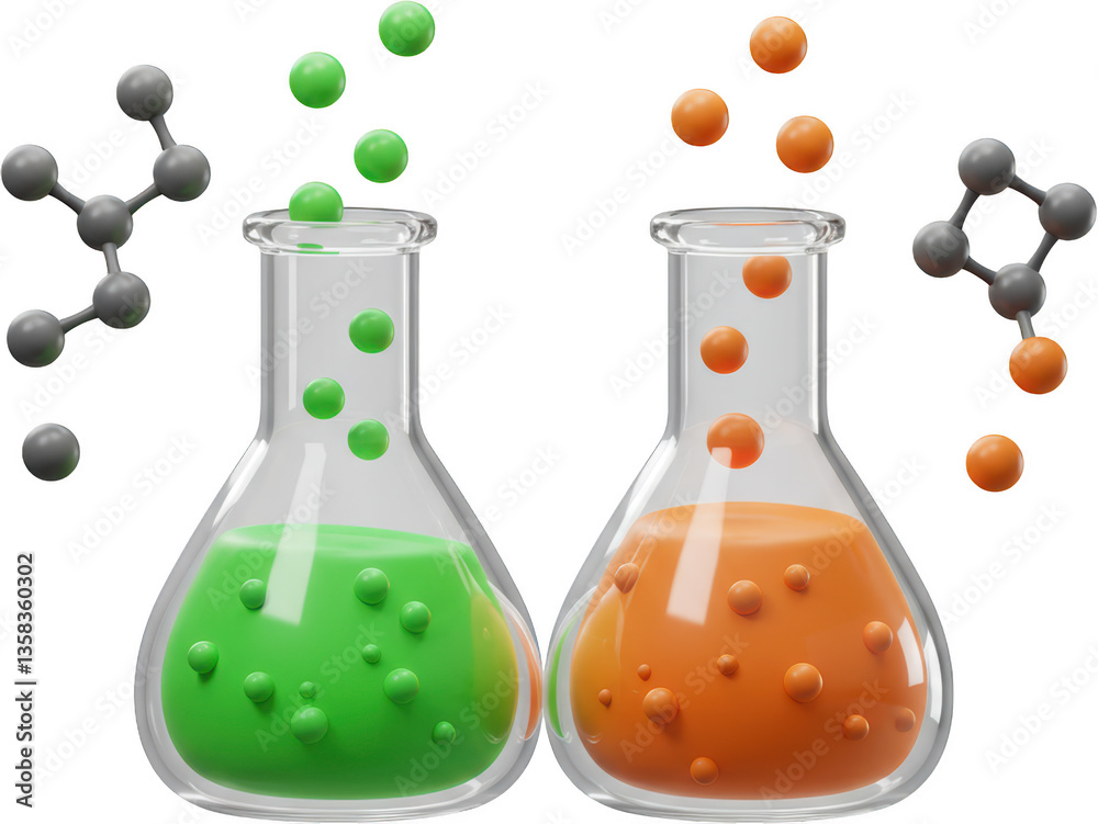 Two Erlenmeyer Flasks Showing Chemical Reaction with Green and Orange ...