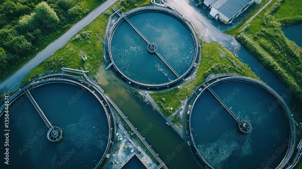 wastewater treatment pond with multiple filtration stages visible ...