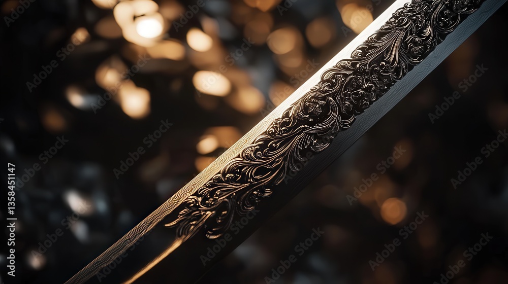 katana sword on display, with its blade catching the light, and the ...