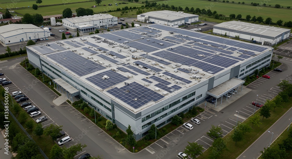Aerial view of a large-scale data center powered by sustainable energy ...