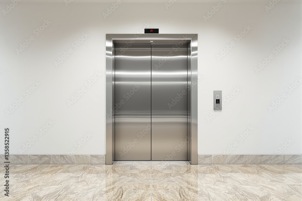 Closed stainless steel elevator doors in a modern interior with white ...