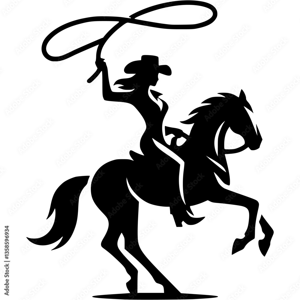 Tattoo emblem of female cowboy riding horse twirling lasso rope over ...