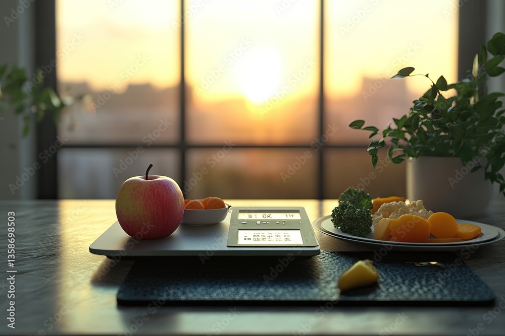 A realistic 3D render of a fitness scale, BMI calculator, and a healthy ...
