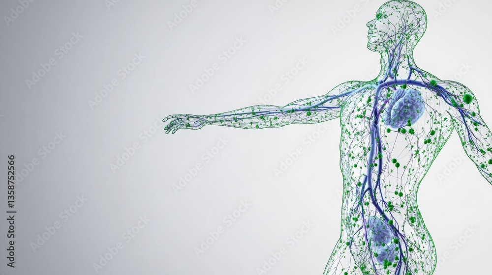 Lymphatic system flow chart on a neutral backdrop. Featuring a detailed ...