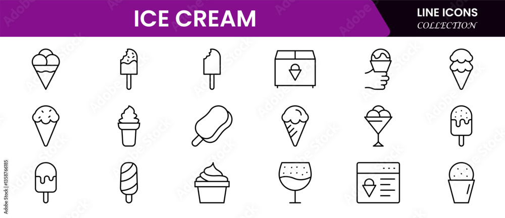 Ice cream icons frozen creamy desserts, gelato ice cream, wafer cone ...