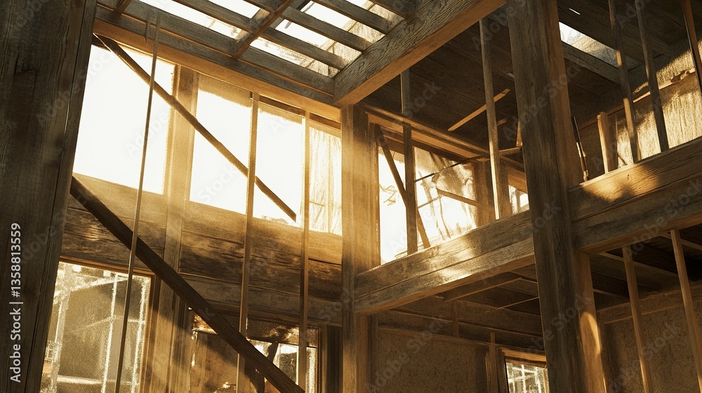 Building a new home exposed wooden structure scaffolding in place clean ...