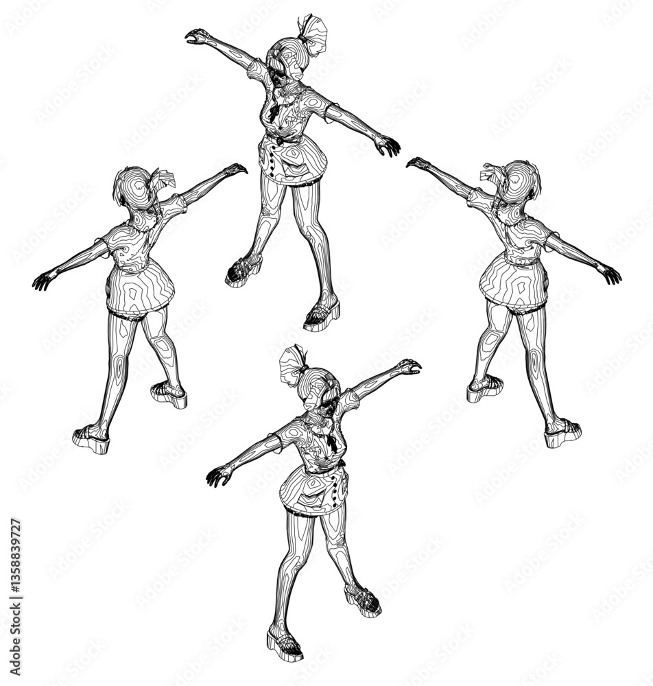 Four women are shown in a circle, each one with their arms raised. The ...