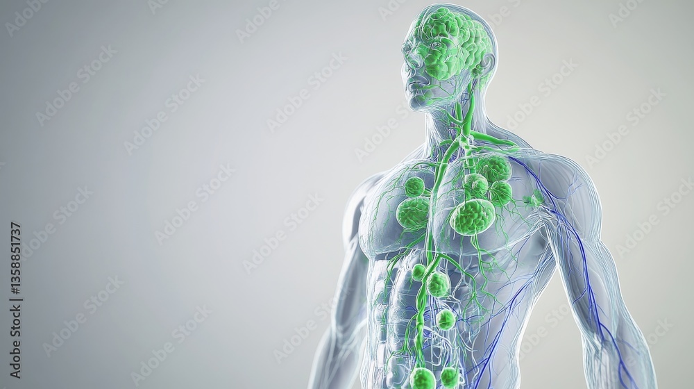 Lymphatic system visualization in human body anatomy. Depicting immune ...