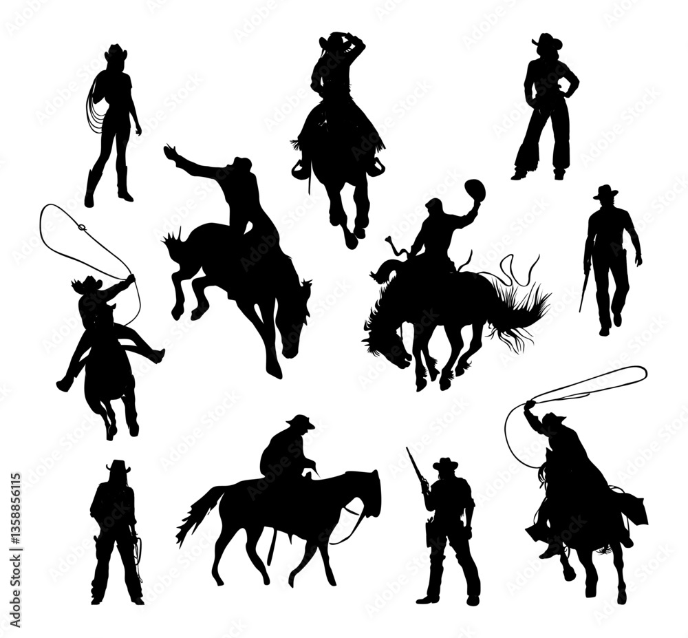 Set of wild west silhouettes - cowboys standing, walking, riding horse ...