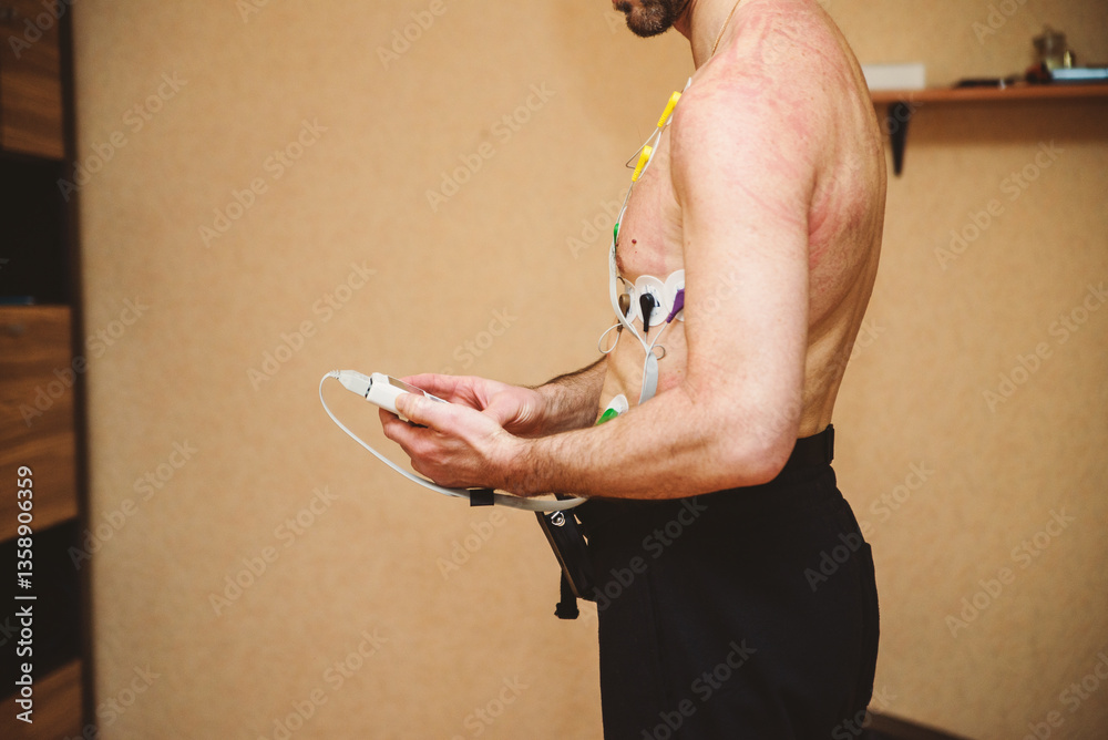 Foto de Stock Man undergoing ECG/EKG cardiac monitoring at home with electrode patches on chest ...