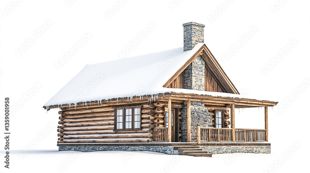 A rustic log cabin with a snowy roof, a welcoming wooden porch, and a ...