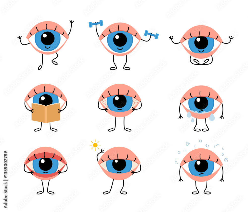 Healthy and disease of eyes, set character. Clarity vision and redness ...