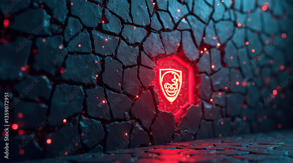 Digital cracks in a firewall under virus attack, marked by skulls and ...
