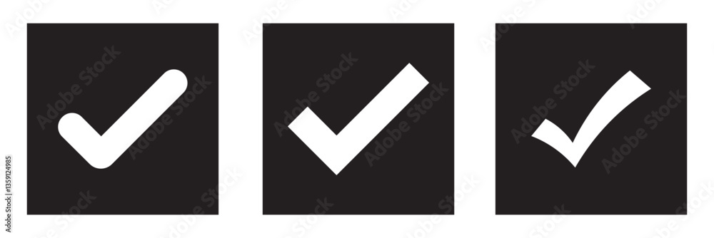 white check mark icon on black round circle, box, badge white ...