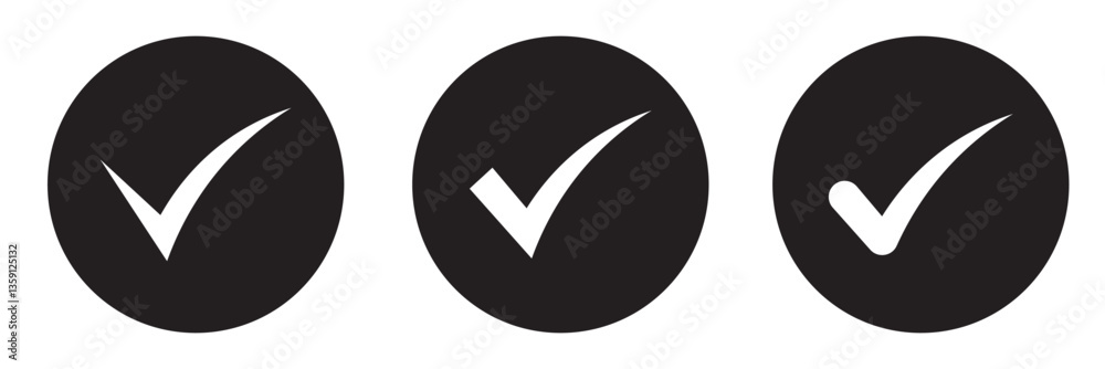 white check mark icon on black round circle, box, badge white ...