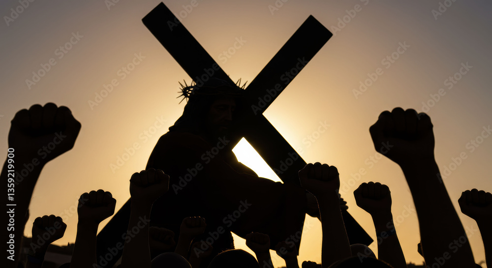 Silhouette of Jesus Christ wearing a crown of thorns, carrying his ...